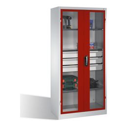 C+P Werkzeugschrank, Sichtfenster-Drehtüren, 3 Böden, 3 Schübe, H1950xB930xT500mm Front Rubinrot Korpus Lichtgrau ; C + P Möbelsysteme (8921-5530|S10087)