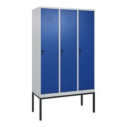 C+P Spind Classic PLUS, Gestell, 3 Abteile, 2120x1200x500mm, 7035/5010 Verschluss Sicherheits-Drehriegel 4 Garderobenhaken Trennwand mittig ; C + P M&ouml; (0800307-32F|S10003)