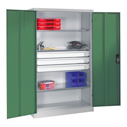 C+P Werkzeugschrank mit Dreht&uuml;ren, 3 B&ouml;den und 3 Sch&uuml;be, H1950xB1200xT500mm Front Resedagr&uuml;n Korpus Lichtgrau ; C + P M&ouml;belsysteme (8931-5030|S10085)
