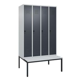 C+P Spind Classic PLUS, Bank, 4 Abteile, 2120x1200x815mm, 7035/7016 Verschluss Sicherheits-Drehriegel 3 Garderobenhaken Dekor Banklatten RAL 7035 Lic (0800507-40|S10038)