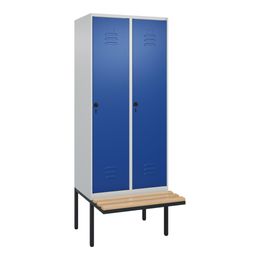 C+P Spind Classic PLUS, Bank, 2 Abteile, 2120x800x815mm, 7035/5010 Verschluss Sicherheits-Drehriegel 4 Garderobenhaken Trennwand mittig Sitzbanktyp a (0800407-22F|S10003)