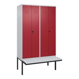 C+P Schwarz-Weiß-Spind Classic PLUS, Bank, 4 Abteile, 2120x1200x815mm, 7035/3003, Verschluss Sicherheits-Drehriegel, Sitzbanktyp auskragend, Material (0800427-40|S10031)
