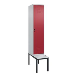 C+P Spind Classic PLUS, Bank, 1 Abteil, 2120x400x815mm, 7035/3003 Verschluss Sicherheits-Drehriegel 4 Garderobenhaken Dekor Banklatten RAL 7035 Licht (0800507-12|S10031)