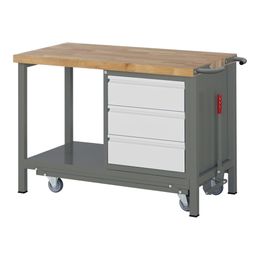 STIER Werkbank Premium mit abs. Fahrgestell und 3 Schubladen BxTxH 1250x700x880mm (904812)
