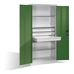 C+P Werkzeugschrank mit Dreht&uuml;ren, 3 B&ouml;den und 3 Sch&uuml;be, H1950xB930xT500mm Front Resedagr&uuml;n Korpus Lichtgrau ; C + P M&ouml;belsysteme (8921-5030|S10151)