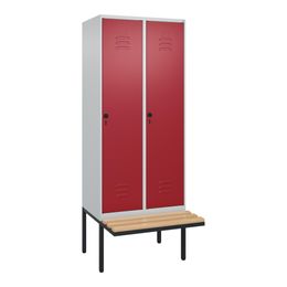 C+P Spind Classic PLUS, Bank, 2 Abteile, 2120x800x815mm, 7035/3003 Verschluss Sicherheits-Drehriegel 4 Garderobenhaken Trennwand mittig Sitzbanktyp a (0800407-22F|S10001)