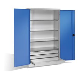 C+P Schwerlastschrank mit Dreht&uuml;ren, 4 B&ouml;den und 3 Sch&uuml;be, H1950xB1200xT500mm Front Lichtblau Korpus Lichtgrau ; C + P M&ouml;belsysteme (8931-523|S10056)