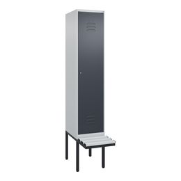 C+P Spind Classic PLUS, Bank, 1 Abteil, 2120x400x815mm, 7035/7016 Verschluss Zylinderschloss 4 Garderobenhaken Dekor Banklatten RAL 7035 Lichtgrau Si (0800407-12|S10023)