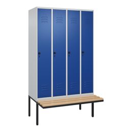C+P Spind Classic PLUS, Bank, 4 Abteile, 2120x1200x815mm, 7035/5010 Verschluss Sicherheits-Drehriegel 4 Garderobenhaken Trennwand mittig Sitzbanktyp (0800407-40F|S10003)