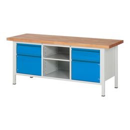 STIER H&ouml;henverstellbare Werkbank Premium mit 2 Schubladen und 2 Fl&uuml;gelt&uuml;ren BxTxH 2000x700x840-1040mm RAL 7035 / RAL 5012 (906190)