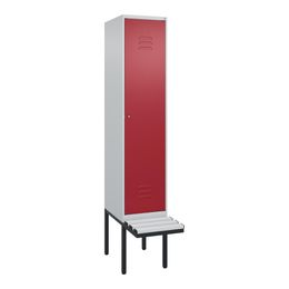 C+P Spind Classic PLUS, Bank, 1 Abteil, 2120x400x815mm, 7035/3003 Verschluss Zylinderschloss 4 Garderobenhaken Trennwand mittig Dekor Banklatten RAL 7 (0800407-12F|S10016)