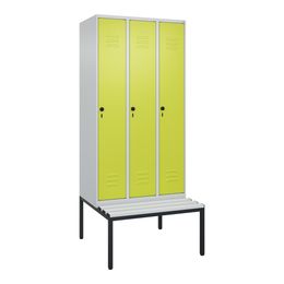C+P Spind Classic PLUS, Bank, 3 Abteile, 2120x900x815mm, 7035/0024 Verschluss Sicherheits-Drehriegel 3 Garderobenhaken Dekor Banklatten RAL 7035 Lich (0800507-30|S10040)