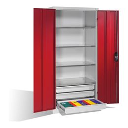 C+P Werkzeugschrank mit Dreht&uuml;ren, 4 B&ouml;den und 3 Sch&uuml;be, H1950xB930xT600mm Front Rubinrot Korpus Lichtgrau ; C + P M&ouml;belsysteme (8922-503|S10097)