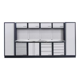 Kraftwerk 6-Element-Schrankwand mit Vierkantlochwand Länge 3920 mm INOX-Arbeitsplatte (3964FIX)