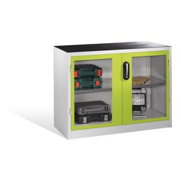C+P Werkzeug-Beistellschrank mit Sichtfenster-Dreht&uuml;ren, 1 Boden, H1000xB1200xT500mm Front Viridingr&uuml;n Korpus Lichtgrau ; C + P M&ouml;belsysteme (8831-055|S10186)