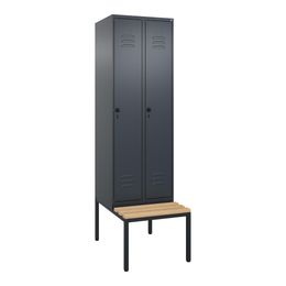 C+P Spind Classic PLUS, Bank, 2 Abteile, 2120x600x815mm, 7016/7016 Verschluss Sicherheits-Drehriegel 4 Garderobenhaken Trennwand mittig Sitzbanktyp u (0800507-20F|S10012)