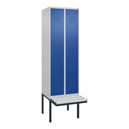 C+P Spind Classic PLUS, Bank, 2 Abteile, 2120x600x815mm, 7035/5010 Verschluss Zylinderschloss 3 Garderobenhaken Dekor Banklatten RAL 7035 Lichtgrau S (0800407-20|S10019)