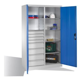 C+P Werkzeugschrank mit Drehtüren, 6 Böden, 8 Schübe, H1950xB1200xT500mm, Lichtgrau/Lichtblau ; C + P Möbelsysteme (8931-305|S10156)