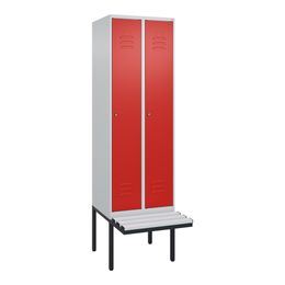 C+P Spind Classic PLUS, Bank, 2 Abteile, 2120x600x815mm, 7035/3020 Verschluss Zylinderschloss 3 Garderobenhaken Dekor Banklatten RAL 7035 Lichtgrau S (0800407-20|S10018)