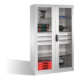 C+P Werkzeugschrank, Sichtfenster-Dreht&uuml;ren, 3 B&ouml;den, 3 Sch&uuml;be, H1950xB1200xT500mm Front Lichtgrau Korpus Lichtgrau ; C + P M&ouml;belsysteme (8931-5530|S10046)