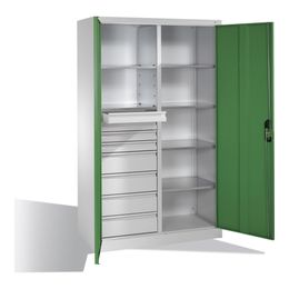 C+P Werkzeugschrank mit Drehtüren, 6 Böden, 8 Schübe, H1950xB1200xT500mm, Lichtgrau/Resedagrün ; C + P Möbelsysteme (8931-305|S10158)