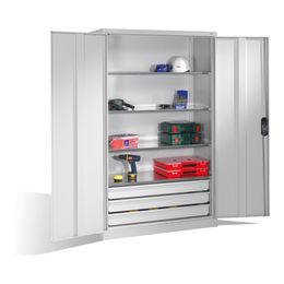 C+P Werkzeugschrank mit Drehtüren, 4 Böden und 3 Schübe, H1950xB1200xT500mm Front Lichtgrau Korpus Lichtgrau ; C + P Möbelsysteme (8931-503|S10421)