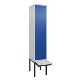 C+P Spind Classic PLUS, Bank, 1 Abteil, 2120x400x815mm, 7035/5010 Verschluss Zylinderschloss 4 Garderobenhaken Dekor Banklatten RAL 7035 Lichtgrau Si (0800407-12|S10018)
