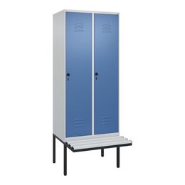C+P Spind Classic PLUS, Bank, 2 Abteile, 2120x800x815mm, 7035/5023 Verschluss Sicherheits-Drehriegel 4 Garderobenhaken Dekor Banklatten RAL 7035 Lich (0800407-22|S10035)