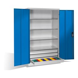 C+P Werkzeugschrank mit Drehtüren, 4 Böden und 3 Schübe, H1950xB1200xT600mm Front Lichtblau Korpus Lichtgrau ; C + P Möbelsysteme (8932-503|S10242)