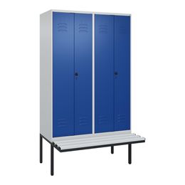 C+P Schwarz-Weiß-Spind Classic PLUS, Bank, 4 Abteile, 2120x1200x815mm, 7035/5010, Verschluss Sicherheits-Drehriegel, Sitzbanktyp auskragend, Material (0800427-40|S10033)