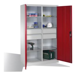 C+P Werkzeugschrank mit Drehtüren, 6 Böden, 4 Schübe, H1950xB1200xT500mm Front Rubinrot Korpus Lichtgrau ; C + P Möbelsysteme (8931-3042|S10209)