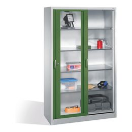 C+P Werkzeugschrank mit Sichtfenster-Schiebetüren, 4 Böden, H1950xB1200xT500mm Front Resedagrün Korpus Lichtgrau ; C + P Möbelsysteme (2059-055|S10042)