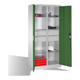 C+P Werkzeugschrank mit Drehtüren, 6 Böden, 4 Schübe, H1950xB930xT500mm Front Resedagrün Korpus Lichtgrau ; C + P Möbelsysteme (8921-3042|S10133)