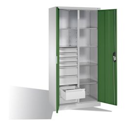 C+P Werkzeugschrank mit Drehtüren, 6 Böden, 8 Schübe, H1950xB930xT500mm Front Resedagrün Korpus Lichtgrau ; C + P Möbelsysteme (8921-305|S10149)