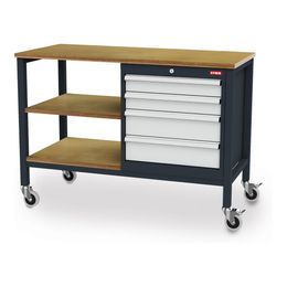 STIER Mobile Kastenwerkbank mit 4 Schubladen und 2 Holzfachböden BxTxH 1300x600x960 mm RAL 7016 / RAL 7035 (903970)