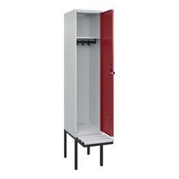 C+P Spind Classic PLUS, Bank, 1 Abteil, 2120x400x815mm, 7035/3003 Verschluss Sicherheits-Drehriegel 4 Garderobenhaken Dekor Banklatten RAL 7035 Licht (0800407-12|S10031)