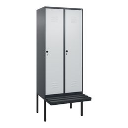 C+P Spind Classic PLUS, Bank, 2 Abteile, 2120x800x815mm, 7016/7035 Verschluss Sicherheits-Drehriegel 4 Garderobenhaken Dekor Banklatten RAL 7021 Schw (0800407-22|S10043)