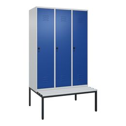 C+P Spind Classic PLUS, Bank, 3 Abteile, 2120x1200x815mm, 7035/5010 Verschluss Sicherheits-Drehriegel 4 Garderobenhaken Trennwand mittig Dekor Banklat (0800507-32F|S10033)