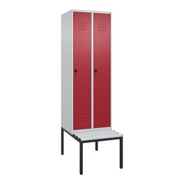 C+P Spind Classic PLUS, Bank, 2 Abteile, 2120x600x815mm, 7035/3003 Verschluss Sicherheits-Drehriegel 3 Garderobenhaken Dekor Banklatten RAL 7035 Lich (0800507-20|S10031)