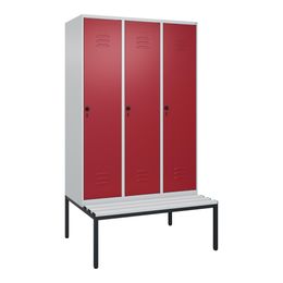 C+P Spind Classic PLUS, Bank, 3 Abteile, 2120x1200x815mm, 7035/3003 Verschluss Sicherheits-Drehriegel 4 Garderobenhaken Trennwand mittig Dekor Banklat (0800507-32F|S10031)