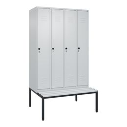 C+P Spind Classic PLUS, Bank, 4 Abteile, 2120x1200x815mm, 7035/7035 Verschluss Sicherheits-Drehriegel 3 Garderobenhaken Dekor Banklatten RAL 7035 Lic (0800507-40|S10039)