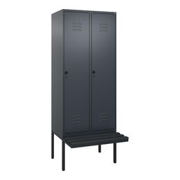 C+P Spind Classic PLUS, Bank, 2 Abteile, 2120x800x815mm, 7016/7016 Verschluss Sicherheits-Drehriegel 4 Garderobenhaken Dekor Banklatten RAL 7021 Schw (0800407-22|S10042)