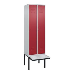C+P Spind Classic PLUS, Bank, 2 Abteile, 2120x600x815mm, 7035/3003 Verschluss Zylinderschloss 3 Garderobenhaken Dekor Banklatten RAL 7035 Lichtgrau S (0800407-20|S10017)
