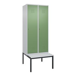 C+P Spind Classic PLUS, Bank, 2 Abteile, 2120x800x815mm, 7035/6011 Verschluss Zylinderschloss 4 Garderobenhaken Trennwand mittig Dekor Banklatten RAL (0800507-22F|S10021)