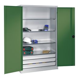 C+P Schwerlastschrank mit Dreht&uuml;ren, 4 B&ouml;den und 3 Sch&uuml;be, H1950xB1200xT500mm Front Resedagr&uuml;n Korpus Lichtgrau ; C + P M&ouml;belsysteme (8931-523|S10107)