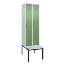 C+P Spind Classic PLUS, Bank, 2 Abteile, 2120x600x815mm, 7035/6011 Verschluss Sicherheits-Drehriegel 4 Garderobenhaken Trennwand mittig Dekor Banklatt (0800507-20F|S10036)