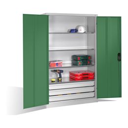 C+P Werkzeugschrank mit Drehtüren, 4 Böden und 3 Schübe, H1950xB1200xT500mm Front Resedagrün Korpus Lichtgrau ; C + P Möbelsysteme (8931-503|S10429)