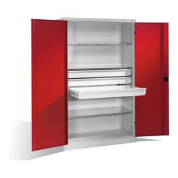 C+P Schwerlastschrank mit Dreht&uuml;ren, 3 B&ouml;den und 3 Sch&uuml;be, H1950xB1200xT500mm Front Rubinrot Korpus Lichtgrau ; C + P M&ouml;belsysteme (8931-5230|S10080)