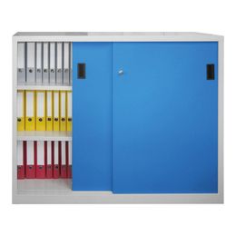 Pavoy Schiebetürenschrank H1200 x B1500 x T600, Böden verzinkt, Korpus Lichtgrau/ Front Lichtblau (30301-150-600-735512)