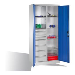 C+P Werkzeugschrank mit Drehtüren, 6 Böden, 8 Schübe, H1950xB930xT500mm Front Lichtblau Korpus Lichtgrau ; C + P Möbelsysteme (8921-305|S10147)